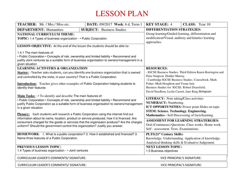 Lesson Plan IGCSE Business Studies Year 10 Week 6 d Term 1, (1.4.1 ...