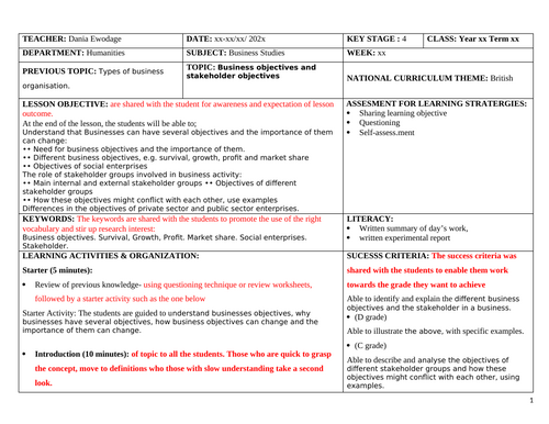 Business objectives and stakeholder objectives Lesson Plan 'MS word doc ...