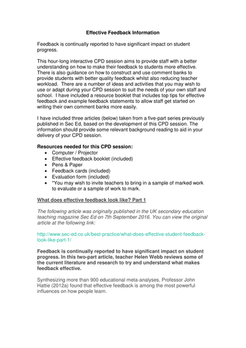 Teacher CPD Package: Effective Feedback | Teaching Resources