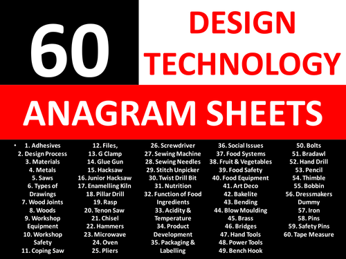 60 Anagram Sheets Design Technology Literacy KS3 GCSE Keyword Starters ...