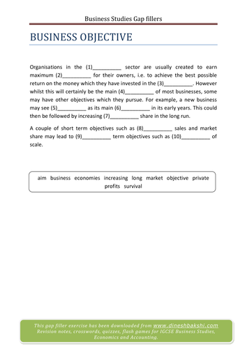 Business Studies - Fill in the Blanks Worksheets | Teaching Resources