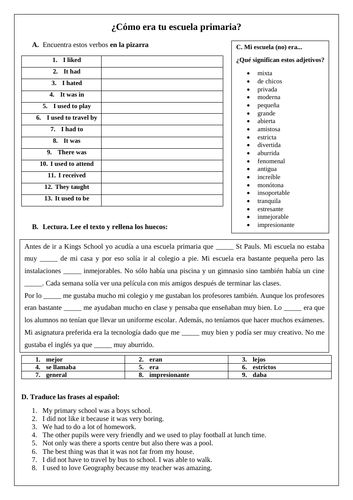 Spanish GCSE School Imperfect ¿cómo era tu escuela primaria? Reading ...