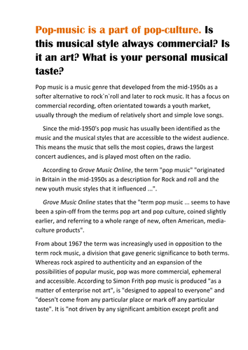 Pop-music is a part of pop-culture | Teaching Resources