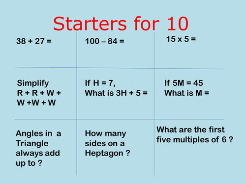 Ten different slides of Maths lesson starters for KS3 lower ability ...