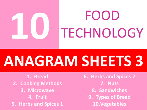 10 Food Technology Anagram Sheets 3 Keyword Starters Anagrams Cover ...