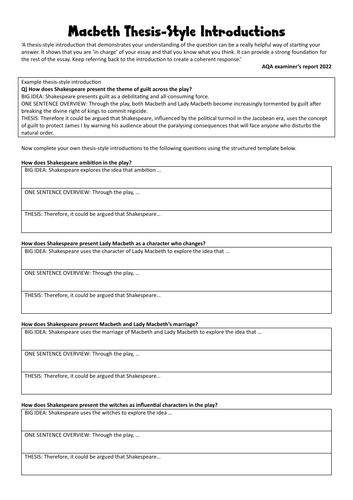Macbeth Character Analysis: Differentiated writing frame for lower ...