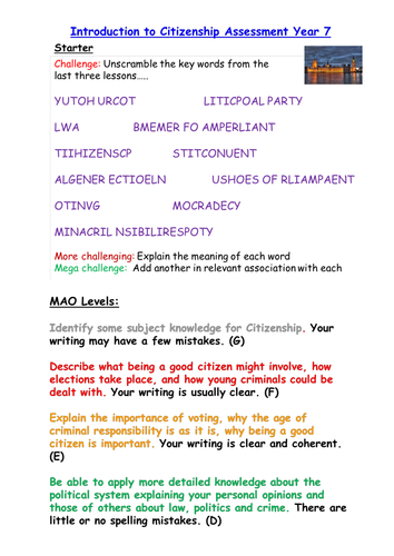 Year 7 Citizenship Assessment | Teaching Resources