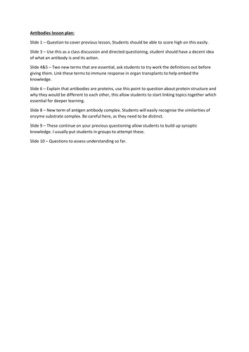 Antibodies lesson plan. A Level Biology, AQA 7401/7402 | Teaching Resources