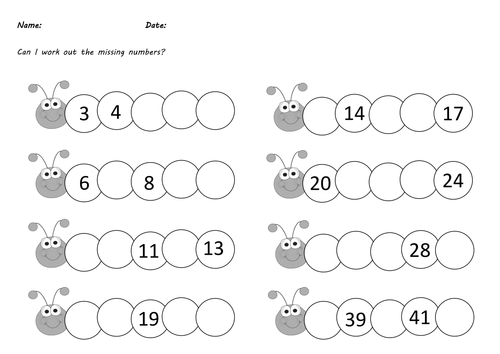 Year 1 Caterpillar Missing Numbers Differentiated Worksheets | Teaching ...
