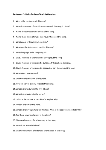 Edexcel GCSE Music (9-1) Samba em Preludio | Teaching Resources