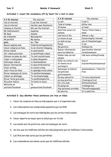 Y9/10 SPANISH MEDIA: 6 PIECES OF HOMEWORK/WORKSHEETS | Teaching Resources