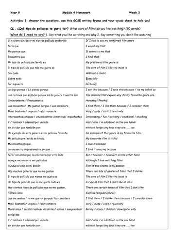 Y9/10 SPANISH MEDIA: 6 PIECES OF HOMEWORK/WORKSHEETS | Teaching Resources