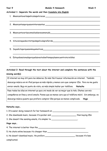 Y9/10 SPANISH MEDIA: 6 PIECES OF HOMEWORK/WORKSHEETS | Teaching Resources