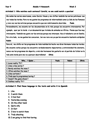Y9/10 SPANISH MEDIA: 6 PIECES OF HOMEWORK/WORKSHEETS | Teaching Resources