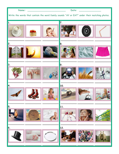 Word Family Sounds AY-EAT Worksheet | Teaching Resources