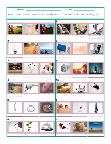 Word Family Sounds IN-INE Worksheet | Teaching Resources
