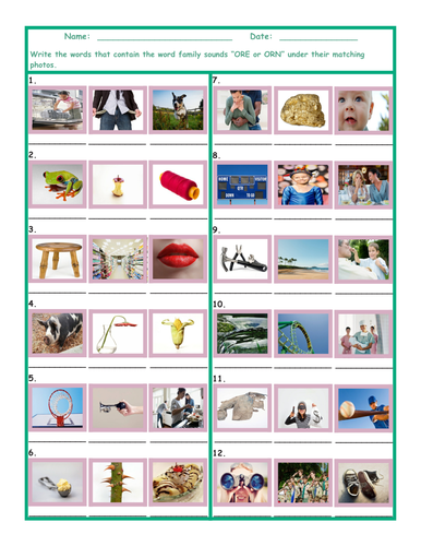 Word Family Sounds ORE-ORN Worksheet | Teaching Resources