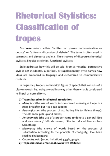 Rhetorical Stylistics Classification of tropes | Teaching Resources