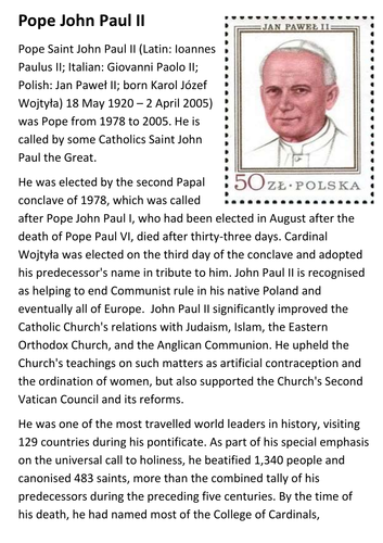 Pope John Paul II Handout | Teaching Resources
