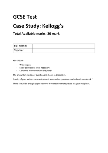 Business GCSE Test - Case Study - Kellogg's | Teaching Resources