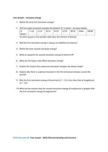 Ionisation Energy / AS/ Preliminary Chemistry | Teaching Resources