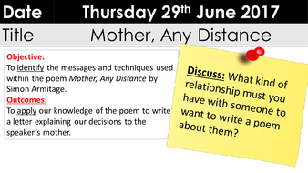 KS3 Mother, Any Distance Simon Armitage A3 worksheet and PPT | Teaching ...