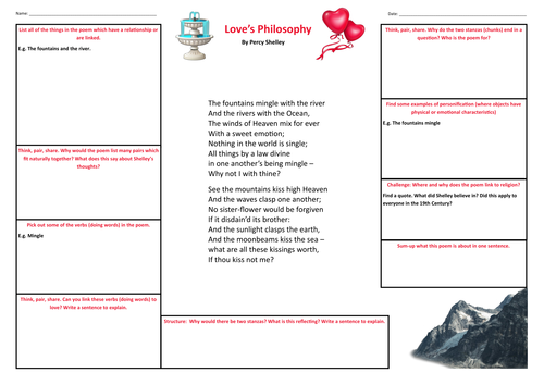 KS3 Love's Philosophy Percy Shelley A3 worksheet | Teaching Resources