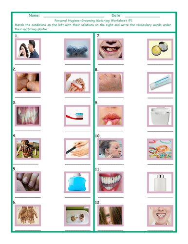 Personal Hygiene-Grooming Matching Worksheet 1 | Teaching Resources
