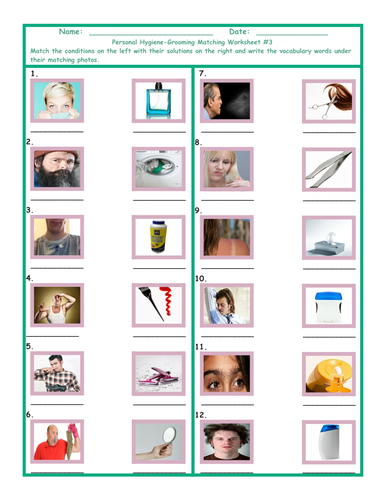 Personal Hygiene-Grooming Matching Worksheet 3 | Teaching Resources