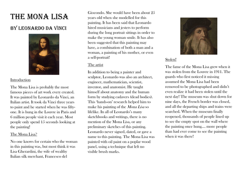 Non fiction comprehension - Mona Lisa and Leonardo da Vinci | Teaching ...