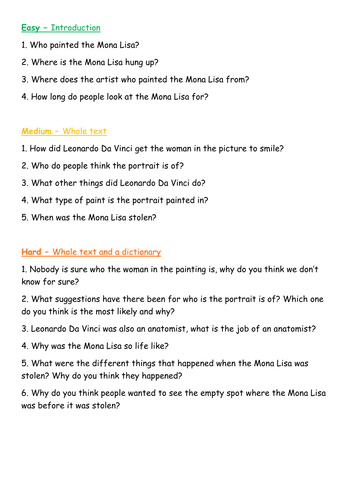Non fiction comprehension - Mona Lisa and Leonardo da Vinci | Teaching ...