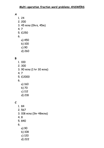 Multi-operations fraction word problems (3 levels) | Teaching Resources