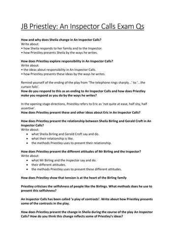 An Inspector Calls Sample Questions | Teaching Resources