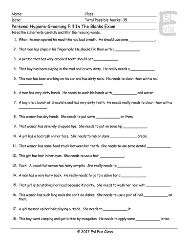 Personal Hygiene-Grooming Fill In The Blanks Exam | Teaching Resources