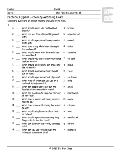 Personal Hygiene-Grooming Matching Exam | Teaching Resources