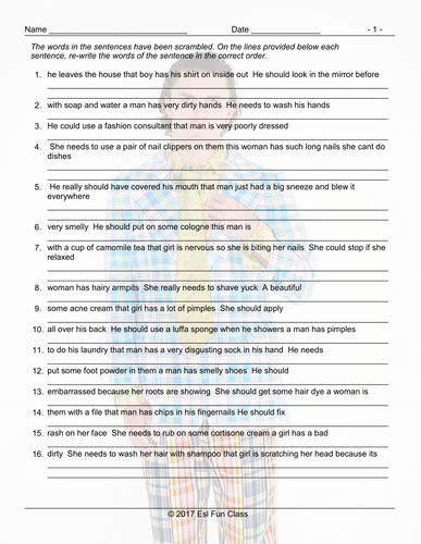 Personal Hygiene-Grooming Scramble Worksheet | Teaching Resources