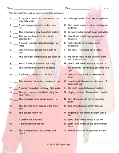 Personal Hygiene-Grooming Sentence Match Up Worksheet | Teaching Resources