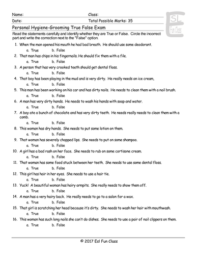 Personal Hygiene-Grooming True False Exam | Teaching Resources