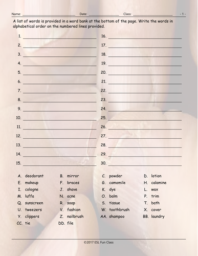 Personal Hygiene-Grooming Alphabetical Order 1 Worksheet | Teaching ...