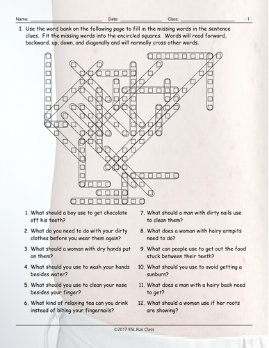 Personal Hygiene-Grooming Word Fit Worksheet | Teaching Resources