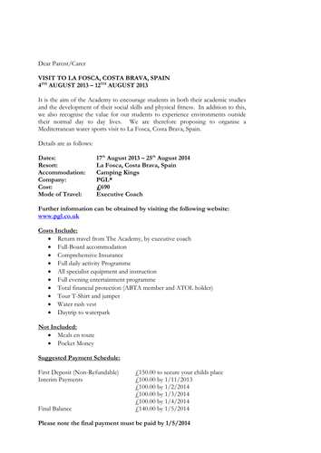 PGL Trip letter to parents | Teaching Resources