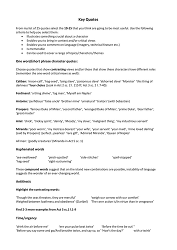 'The Tempest' - key revision document: one-word quotations, key ...