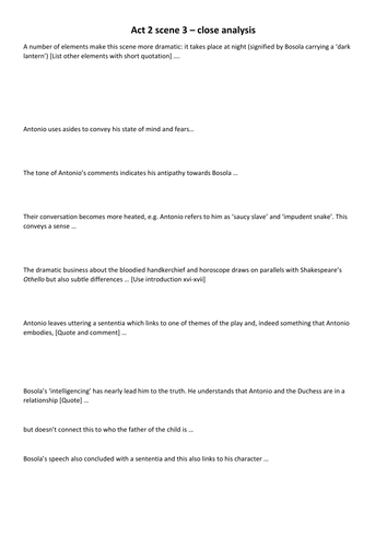 A-level 'Duchess of Malfi' - close analysis cloze exercises for Eduqas ...