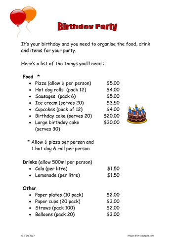 Maths Resource Birthday Party Planning Teaching Resources
