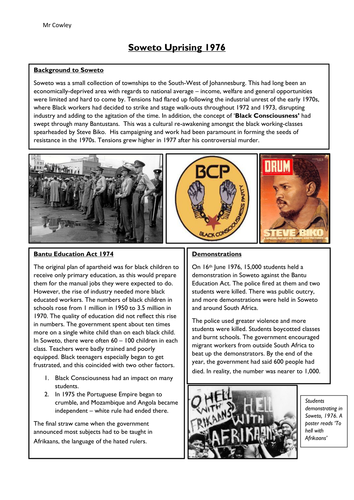 Soweto Uprising 1976 - Resource and Revision Booklet | Teaching Resources