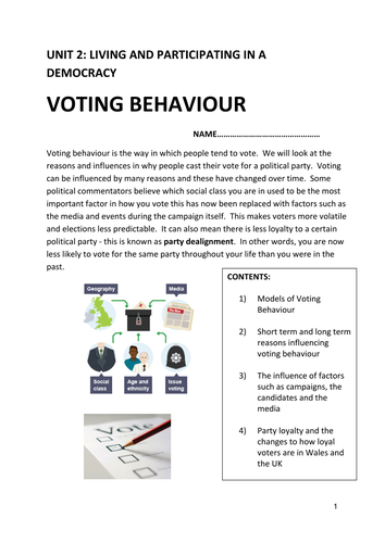 WJEC AS Government and Politics 2017 Specification Unit 2 topic Voting ...