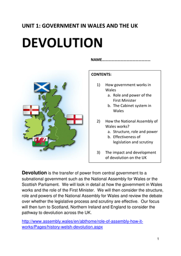 WJEC AS Government and Politics 2017 specification Unit 1 topic Devolution in the UK | Teaching ...