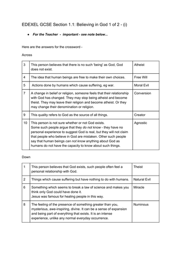 Believing in God - Key-Word Crossword Puzzle (1 of 2) for GCSE ...