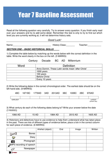 Year 7 History Baseline Assessment | Teaching Resources