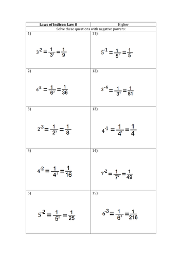 GCSE Maths - Indices - Law 8 - 40 Questions and Worked Answers ...